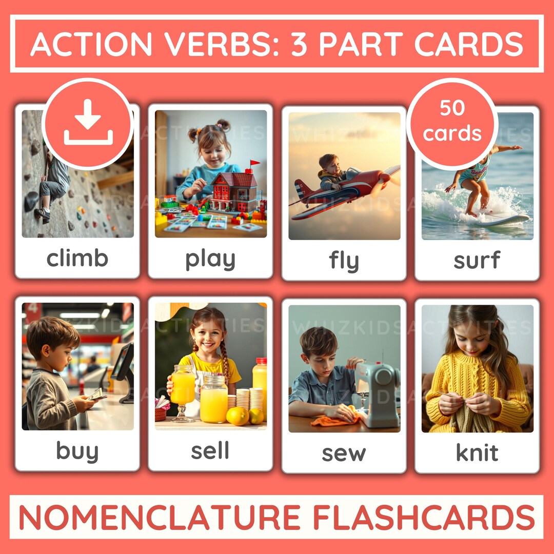 Action Verb Flashcards for ESL & Homeschool: Visual Learning (PDF ...
