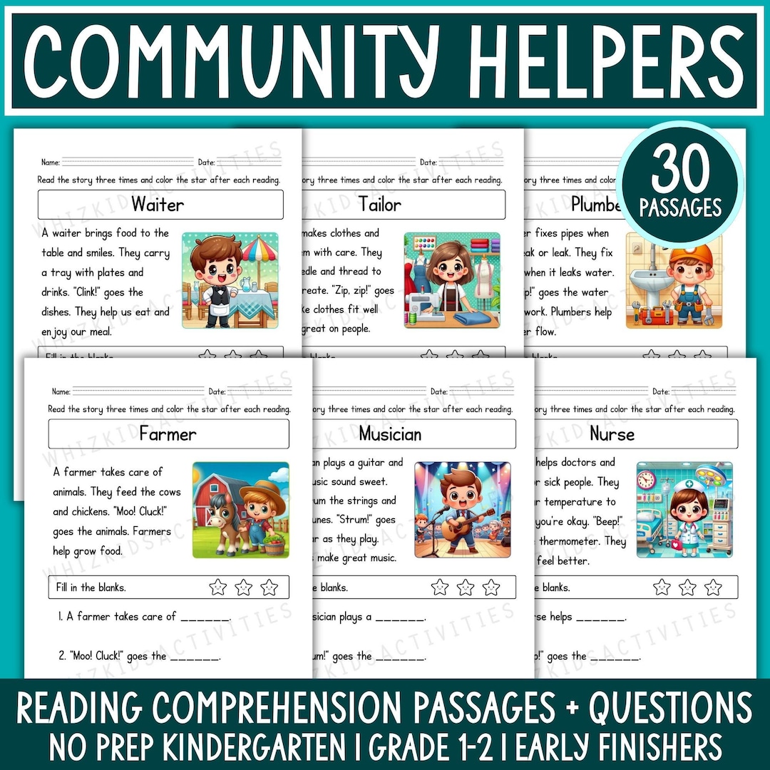 Community Helpers Reading Comprehension Worksheets: K-2 Literacy (PDF ...