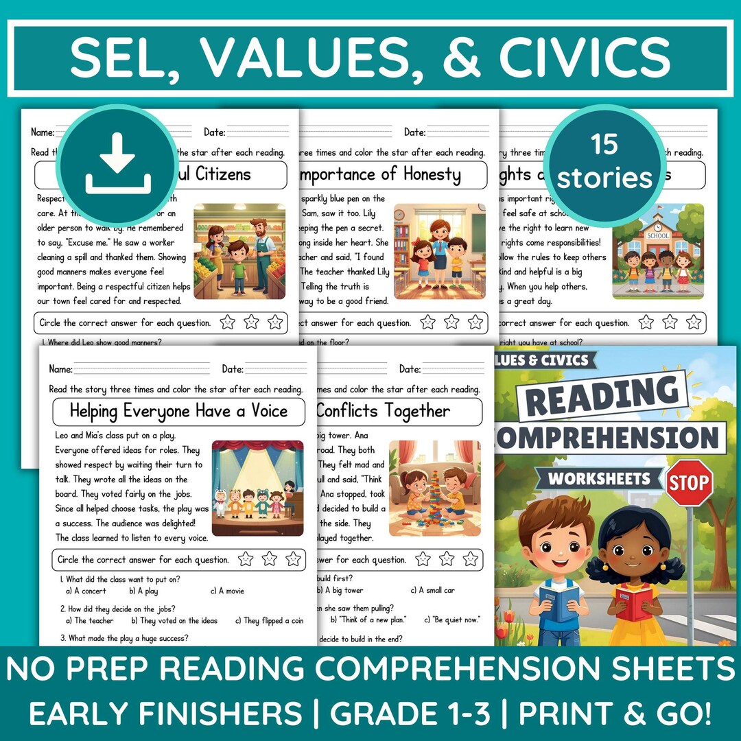 Civics & SEL Reading Comprehension Worksheets: Grades 1-2 (printable ...
