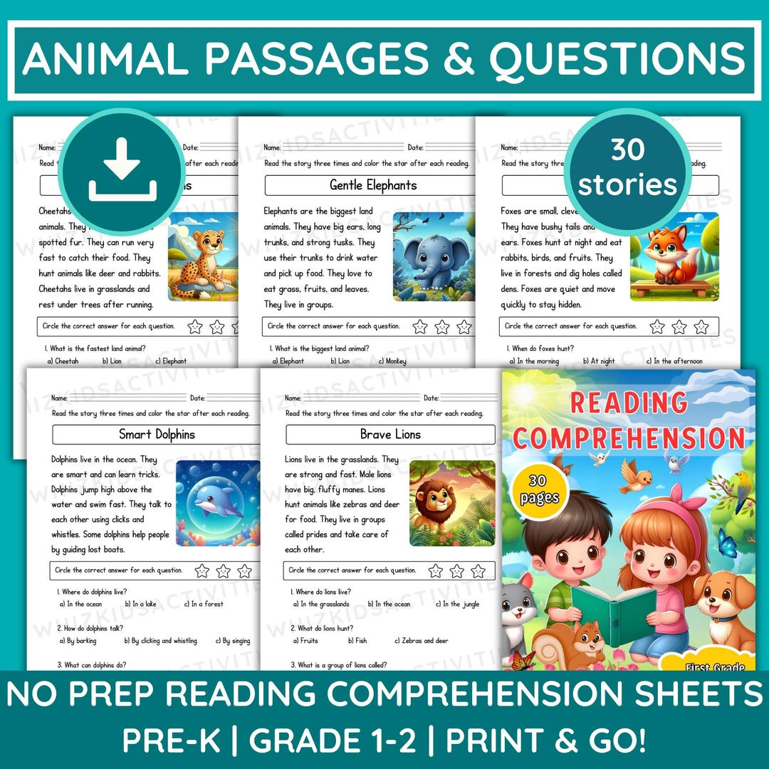 30 Pages Animal Reading Comprehension Worksheets: Short Stories ...