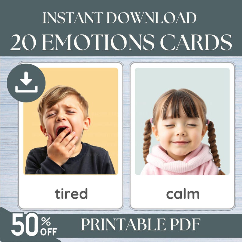 20 Emotions Flashcards for Kids, Printable Feelings Flashcards, Social ...