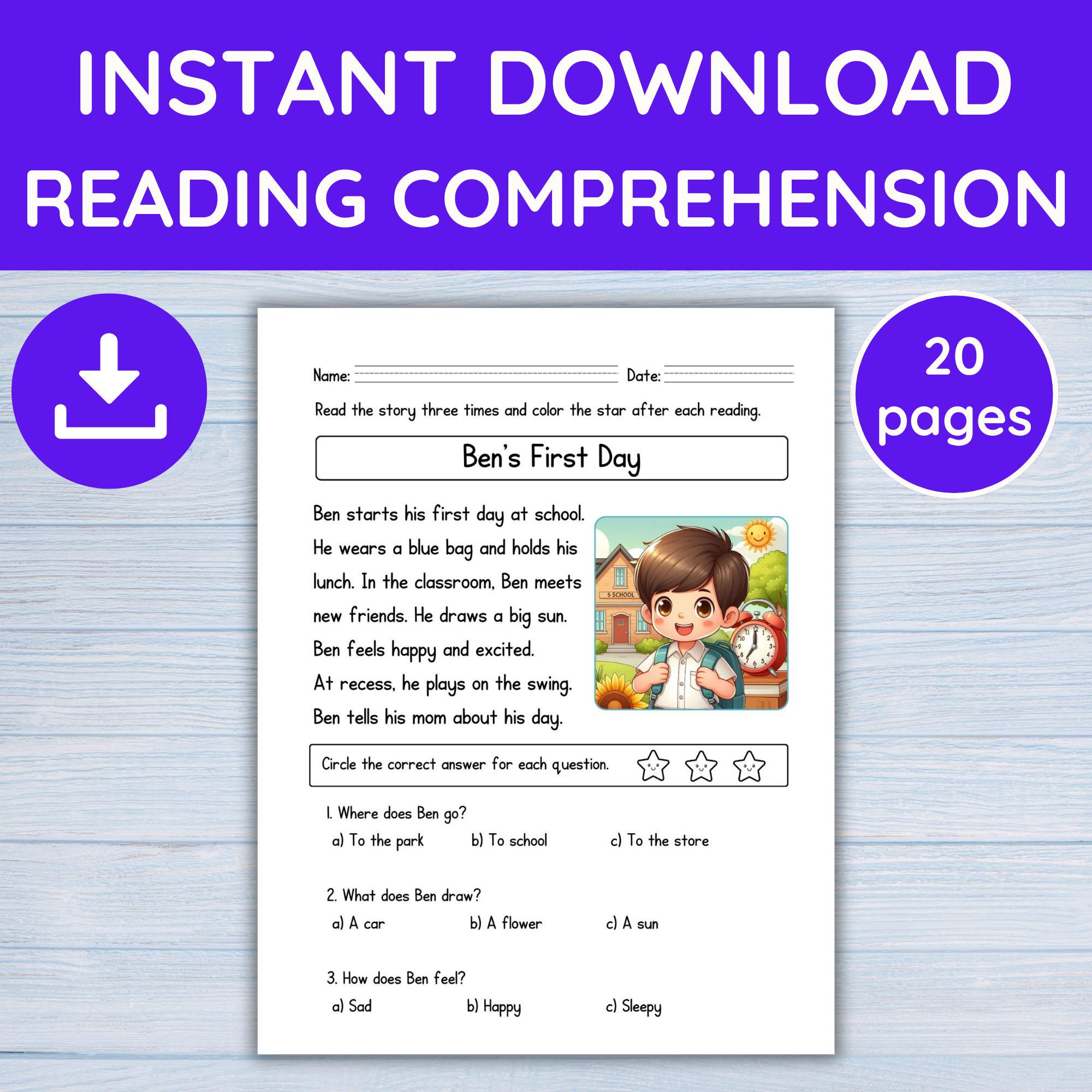 20 Reading Comprehension Worksheets for Kindergarten & Grade 1, Short ...