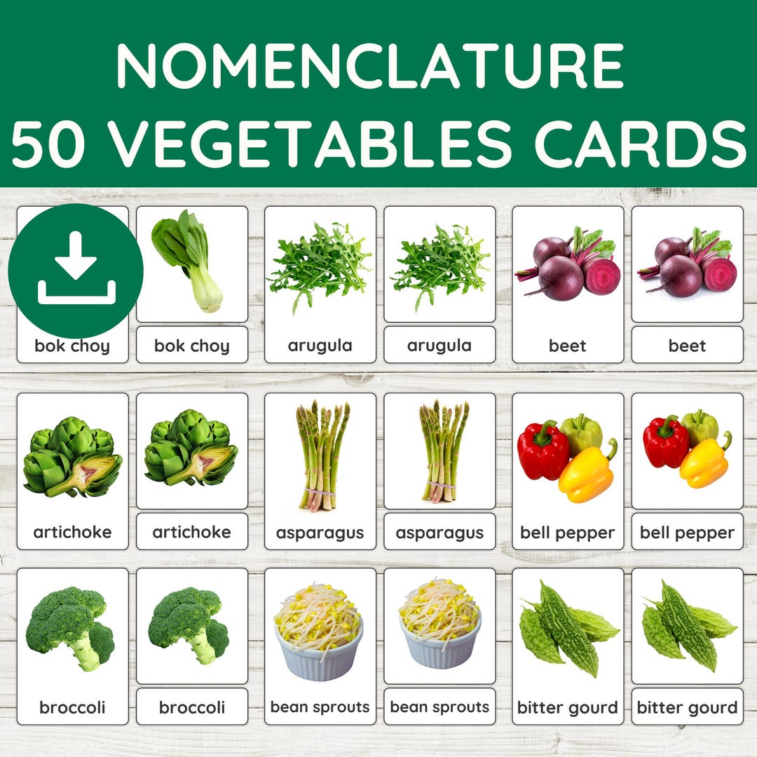 50 Vegetable Flashcards for Kids, Montessori-inspired 3-part ...