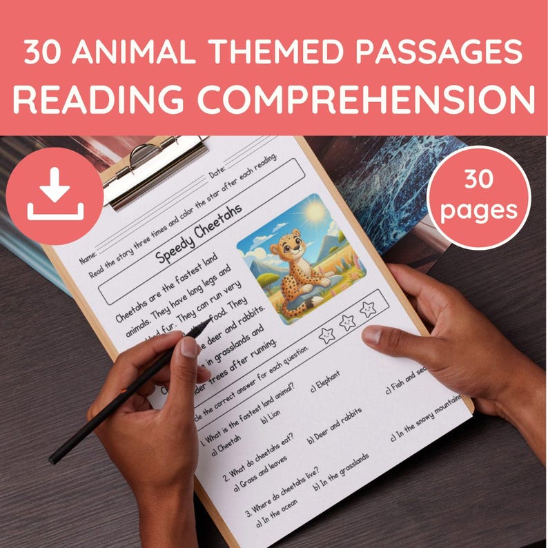 30 Animal- Theme Reading Comprehension Worksheets for Kids, Short ...