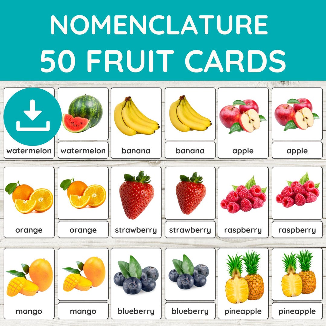 50 Essential Fruit Flashcards for Kids Montessori Three-part ...