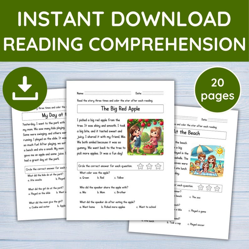 20 Reading Comprehension Worksheets for Grade 1-3 Short Stories With ...