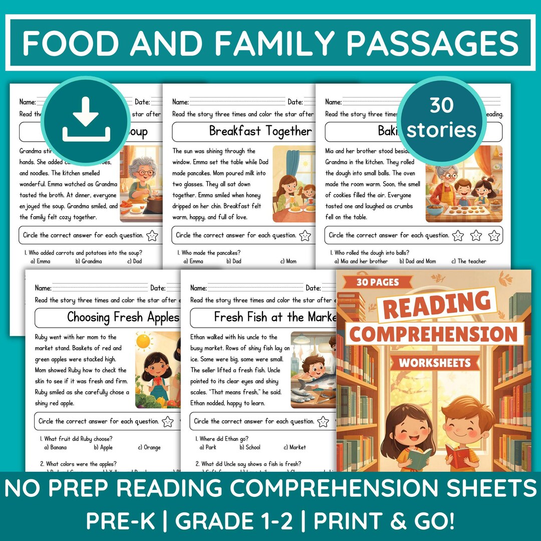 30 SEL Reading Comprehension Stories for Kids | Printable Food Family ...