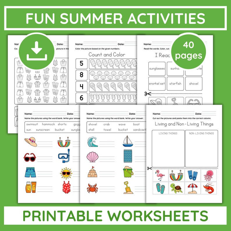 40 Pages Summer Preschool Worksheets Bundle, Kindergarten Printable ...