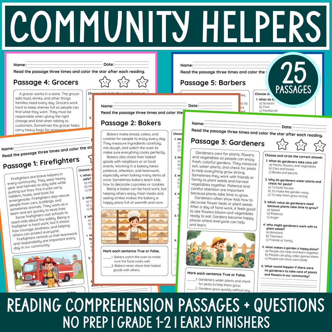 Community Helpers Reading Comprehension Worksheets: SEL Activities ...