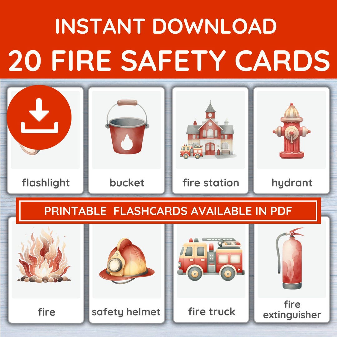 20 Fire Safety Flashcards for Kids, Watercolor Fire Safety Learning ...