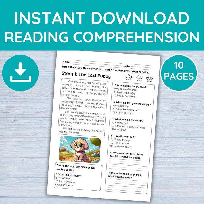 10 Reading Comprehension Worksheets for Grade 1-2, Short Stories With ...