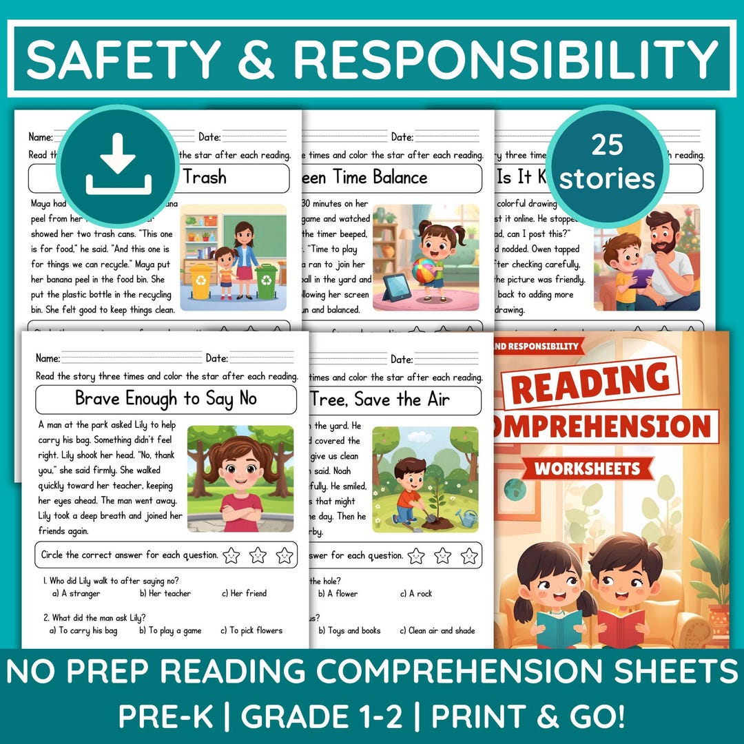 Safety & Responsibility Reading Comprehension Activity Worksheets Prek ...