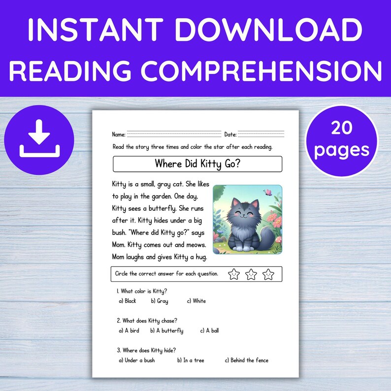 20 Printable Reading Comprehension Worksheets for Kindergarten and 1st ...