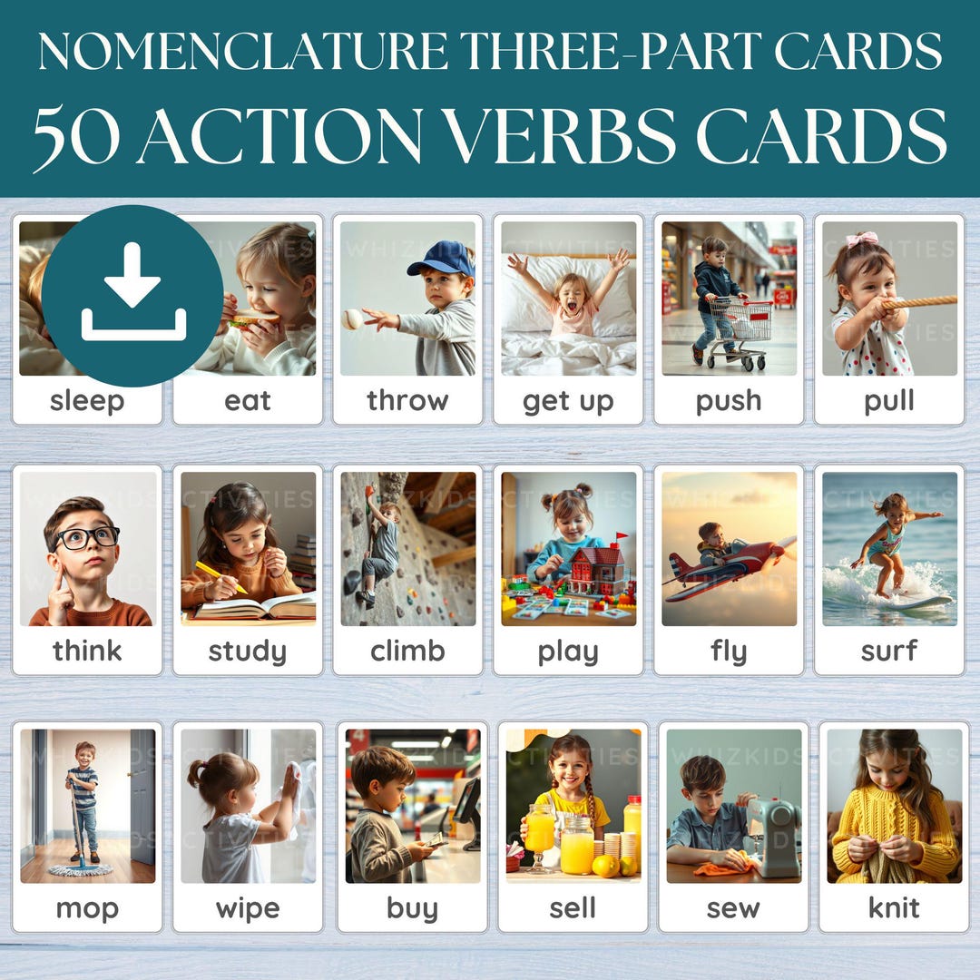50 Most Common Action Verbs Flashcards for Kids, ESL Action Verbs ...