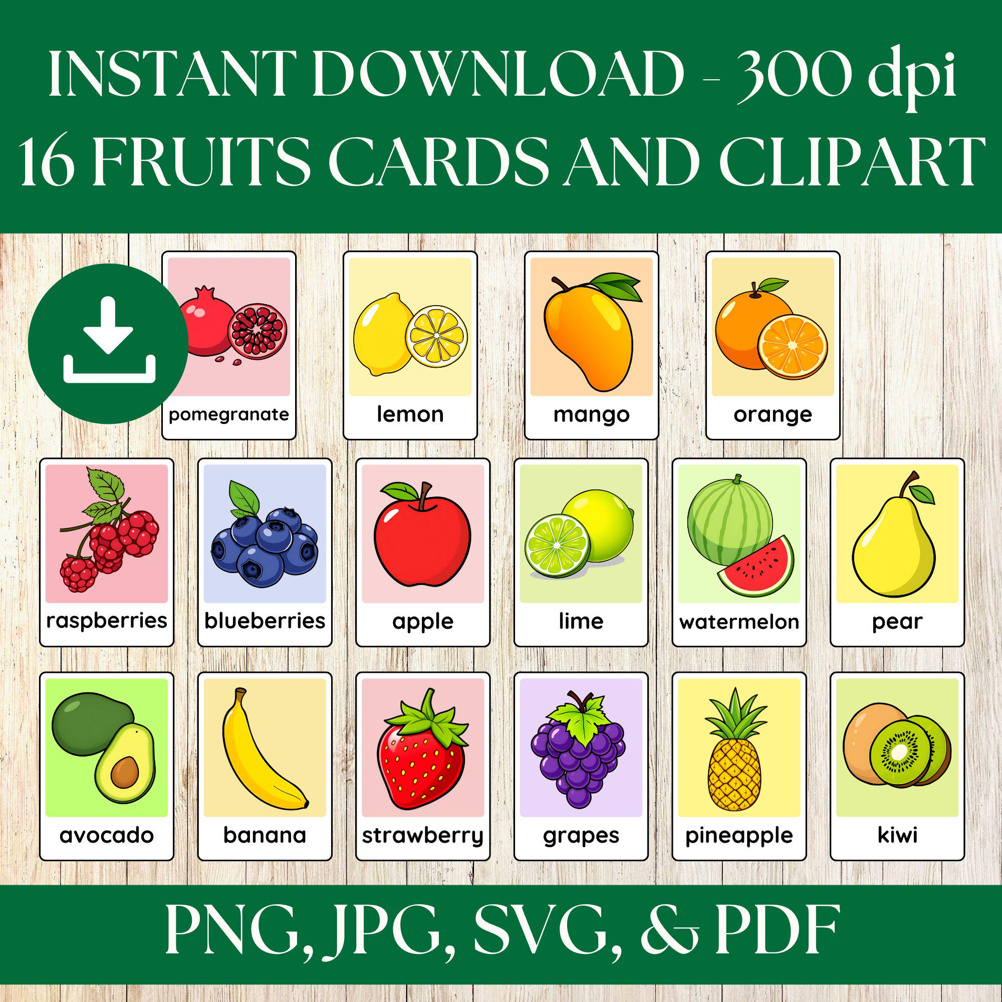 Fruit Flashcards, Fruits Clipart, Fruits PNG, Montessori Flashcards ...