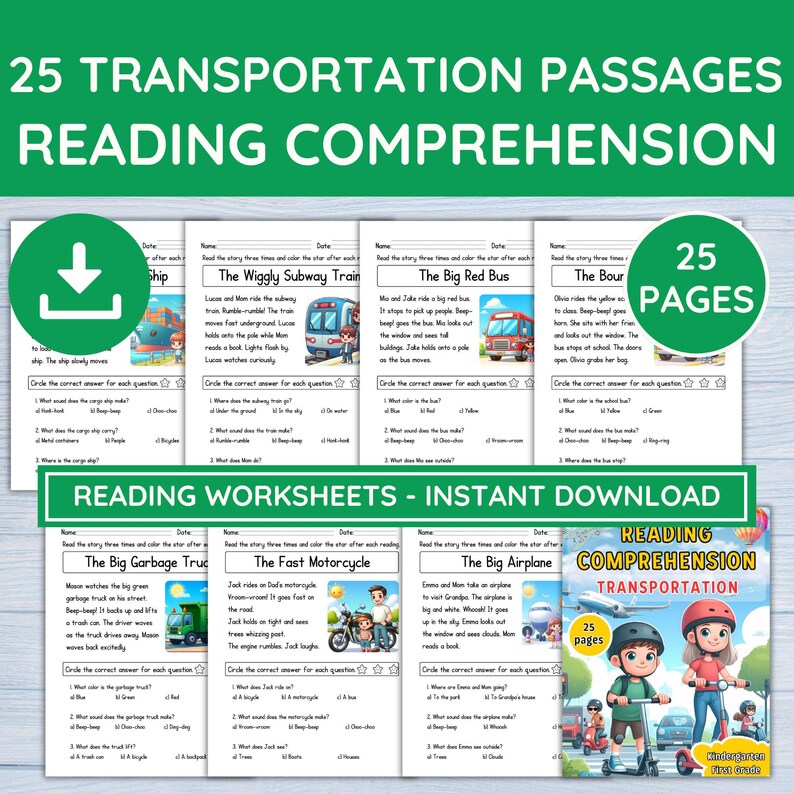 Transportation Reading Comprehension Worksheets: Kindergarten & 1st ...