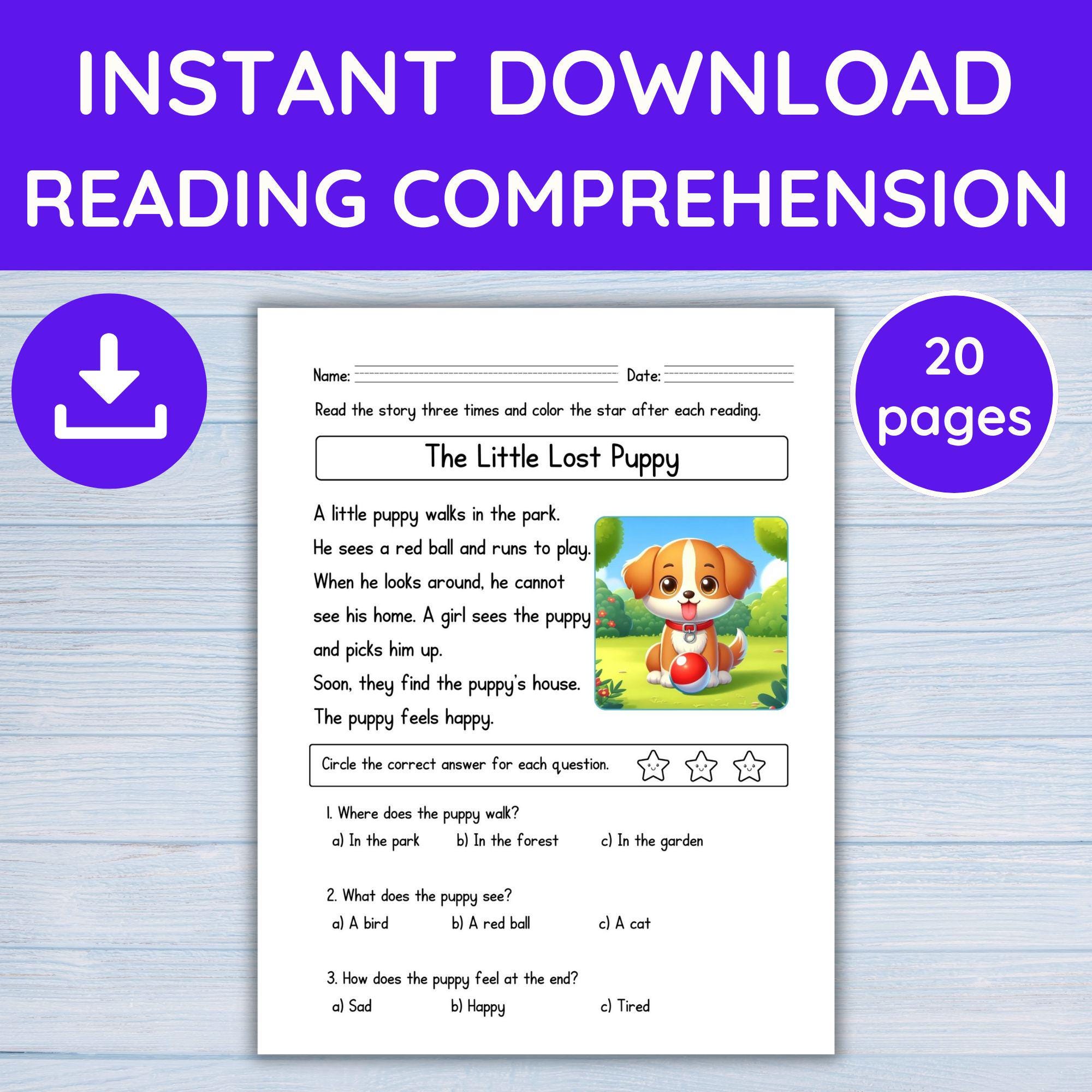 20 Reading Comprehension Worksheets for Kindergarten & Grade 1, Short ...