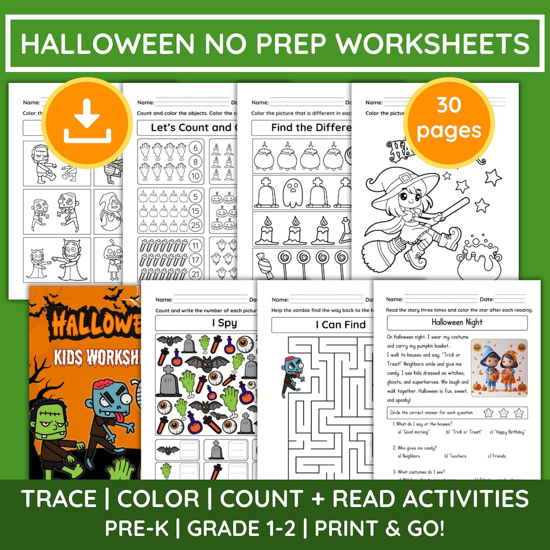 Halloween Worksheets Printable Pack: Math, Literacy, Coloring (PDF ...