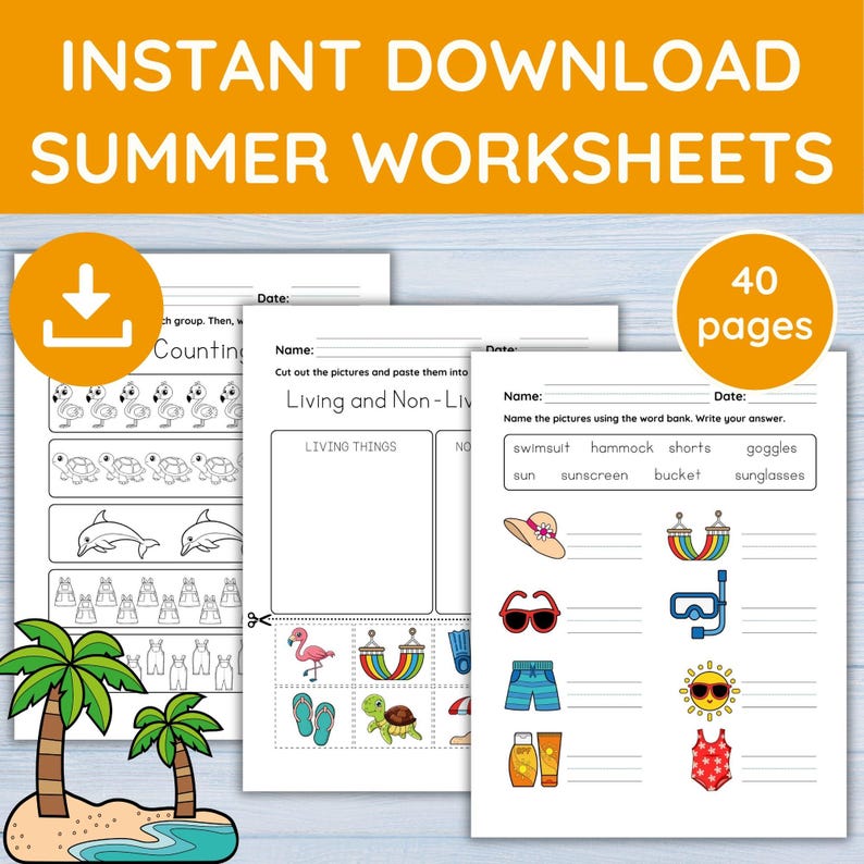 40 Pages Summer Preschool Worksheets Bundle, Kindergarten Printable ...