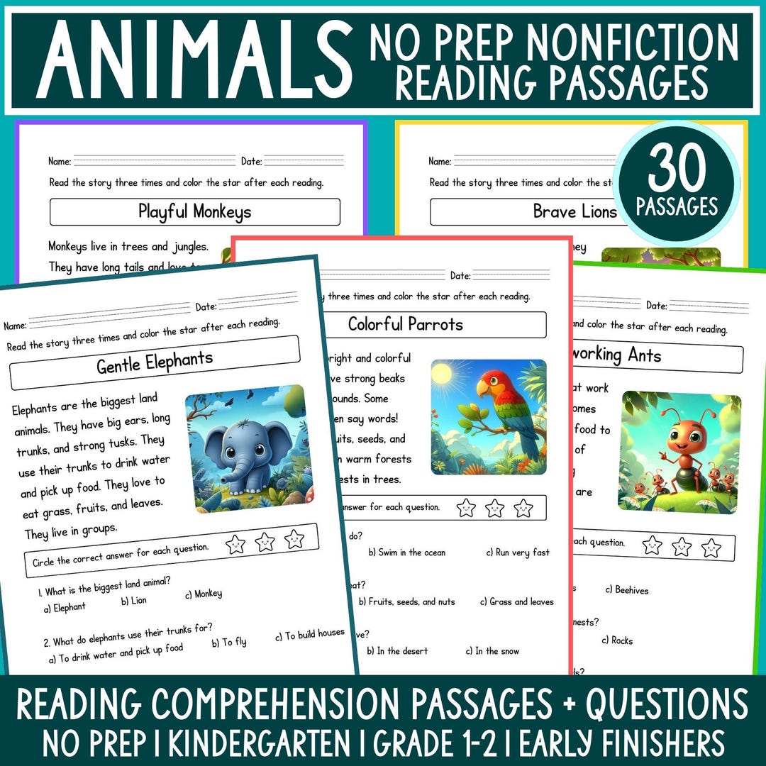 30 Pages Animal Reading Comprehension Worksheets: Short Stories ...