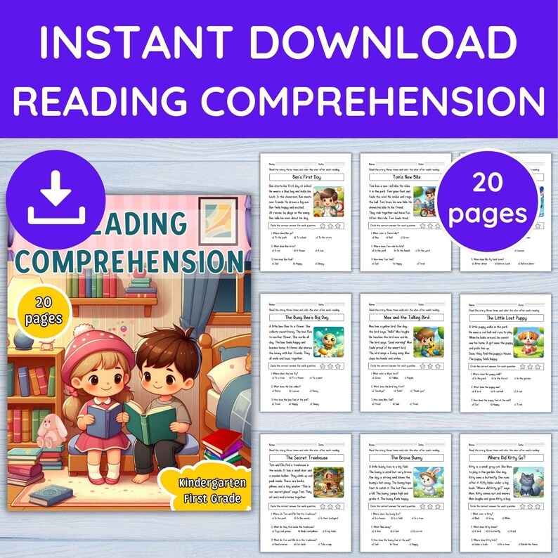 20 Reading Comprehension Worksheets for Kindergarten & Grade 1, Short ...