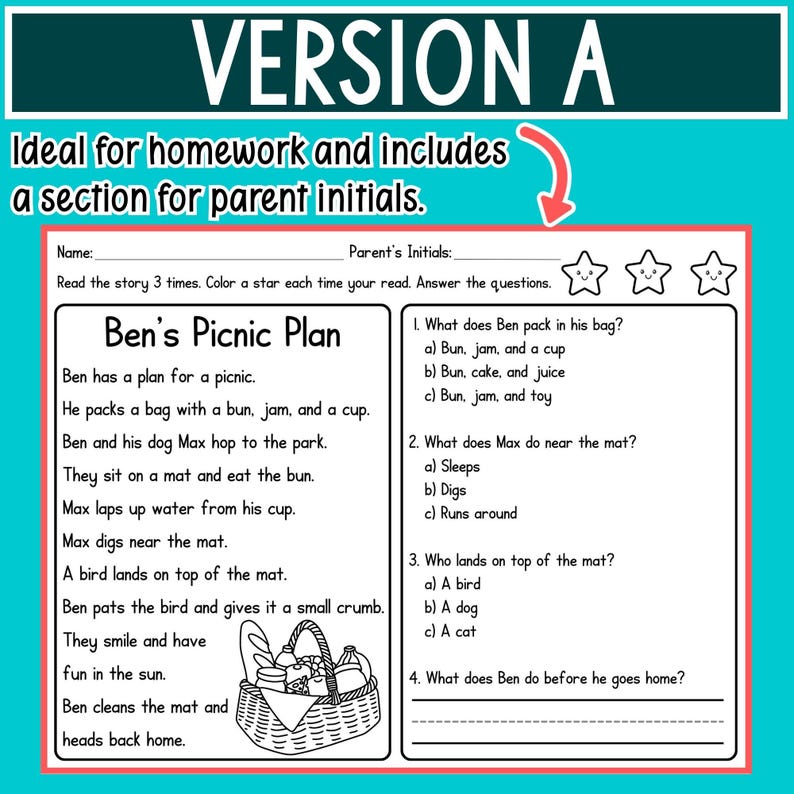 Grade 1-2 Reading Comprehension Decodable Passages & Questions Fluency ...