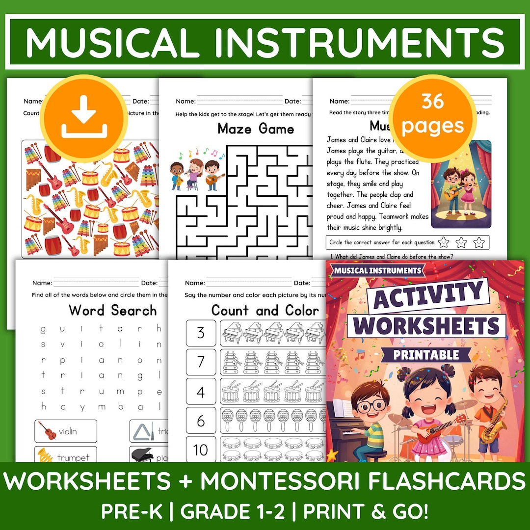 Musical Instruments Activity: Worksheets + Flashcards (digital Download ...