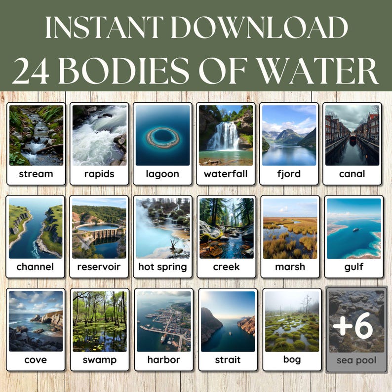 18 Bodies of Water Montessori Flashcards for Kids, Geography Flashcards ...