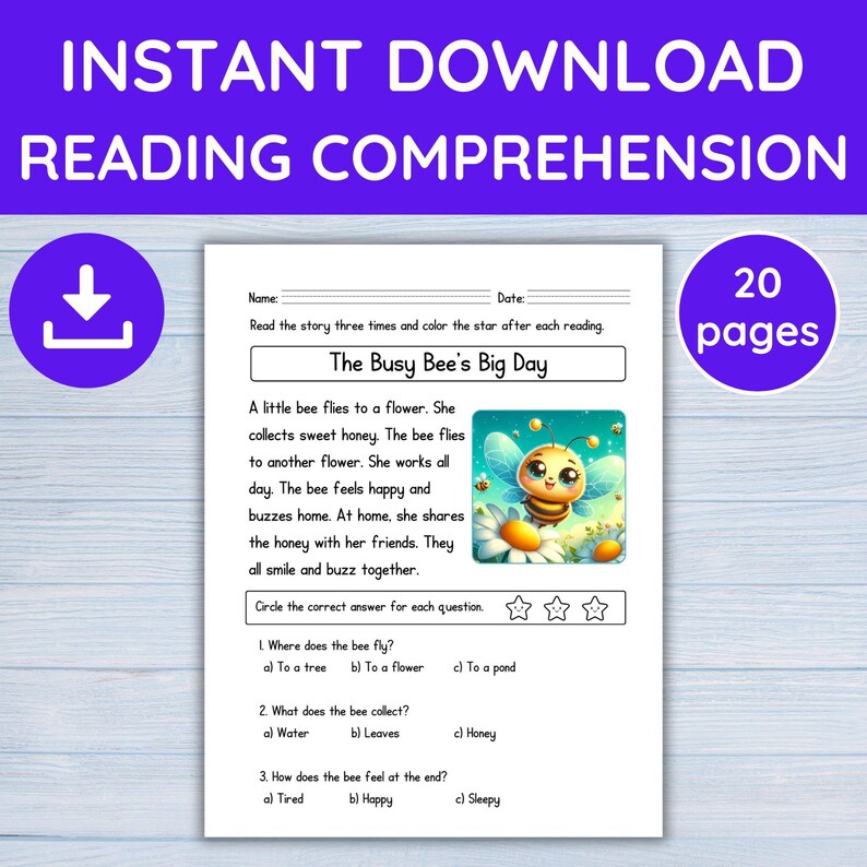 20 Reading Comprehension Worksheets for Kindergarten & Grade 1, Short ...