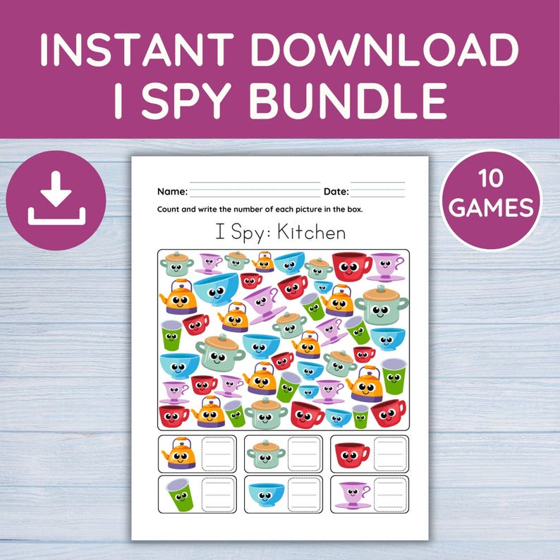 I Spy Game Printable: Kids Activity Bundle - Kitchen, Camping, Sports ...