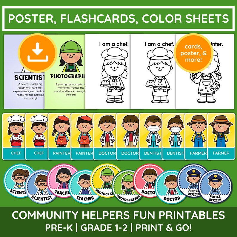 Community Helpers Printable Pack: Career Flashcards, Posters & Coloring ...