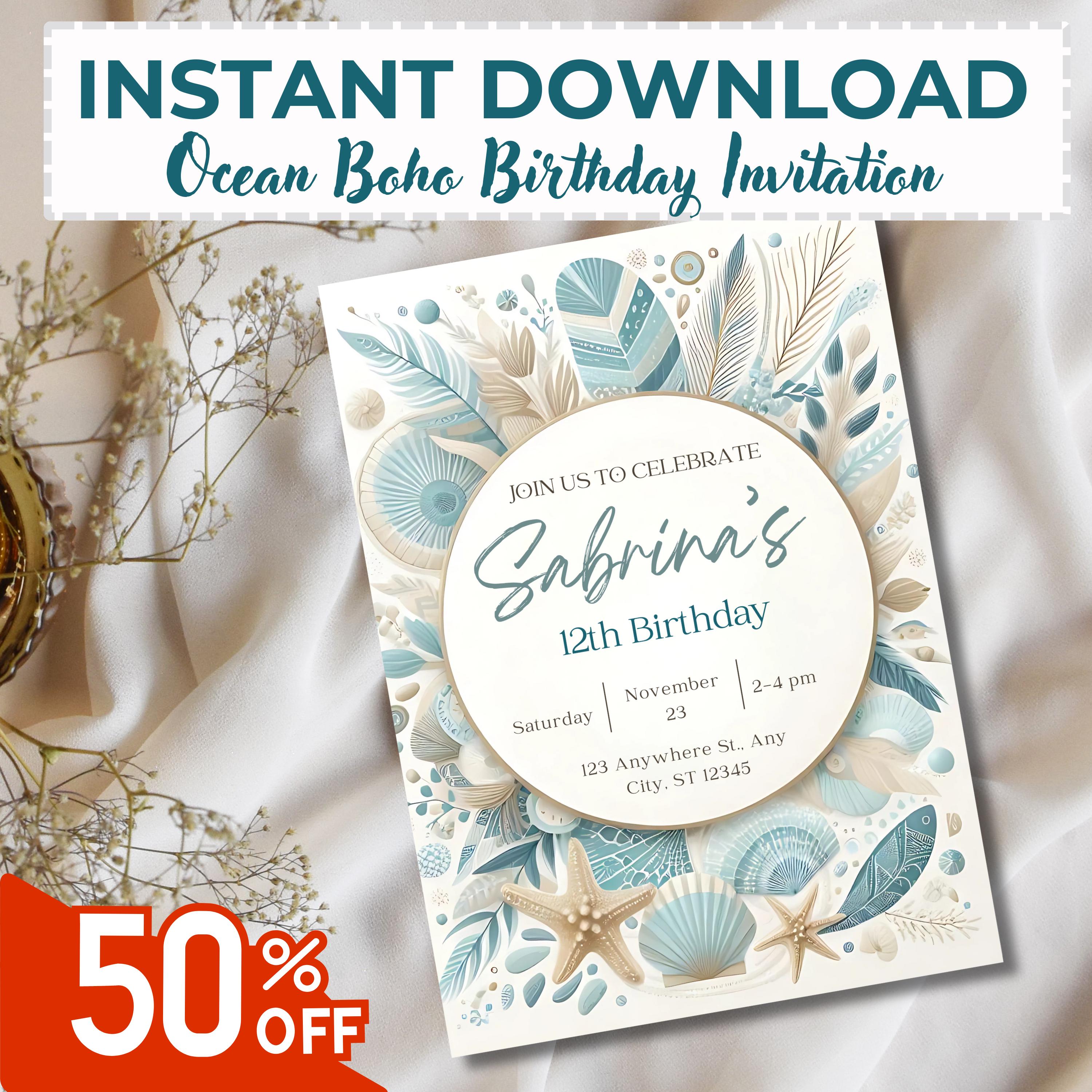 Ocean Boho Party Invitation, Ocean Party Favors, Ocean Party, Editable ...