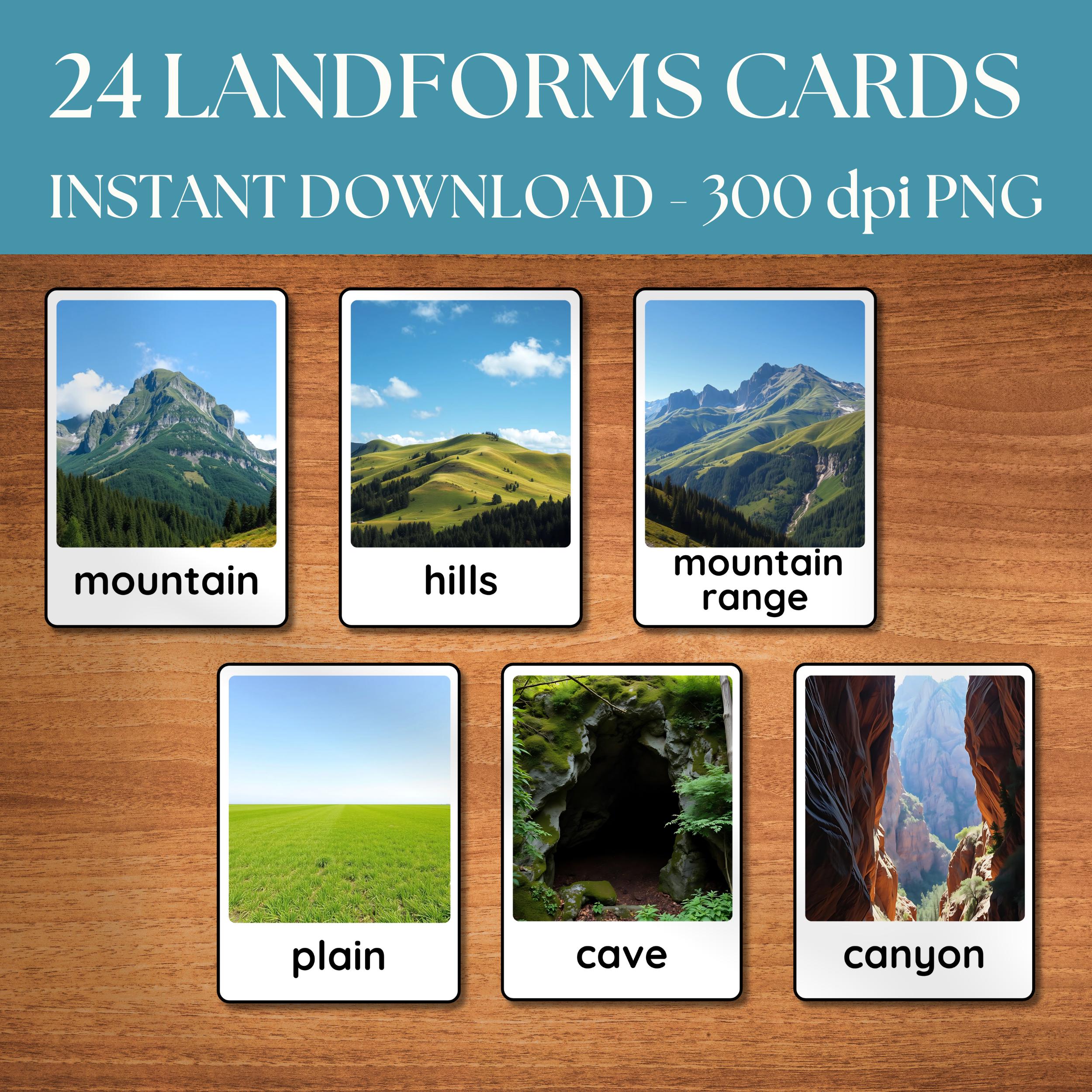 24 Landforms Flashcards for Kids, Landforms, Landform Cards Montessori ...