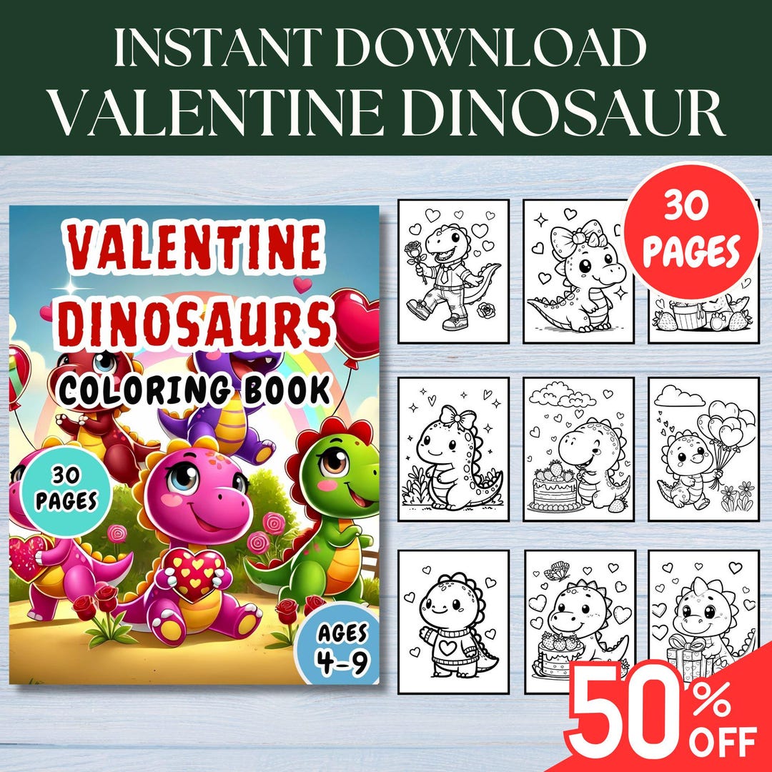 30 Valentine's Cute Dinosaurs Coloring Pages, Coloring Book Activities ...