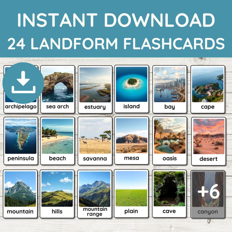 24 Landforms Montessori Flashcards for Kids | Real Pictures | Earth ...