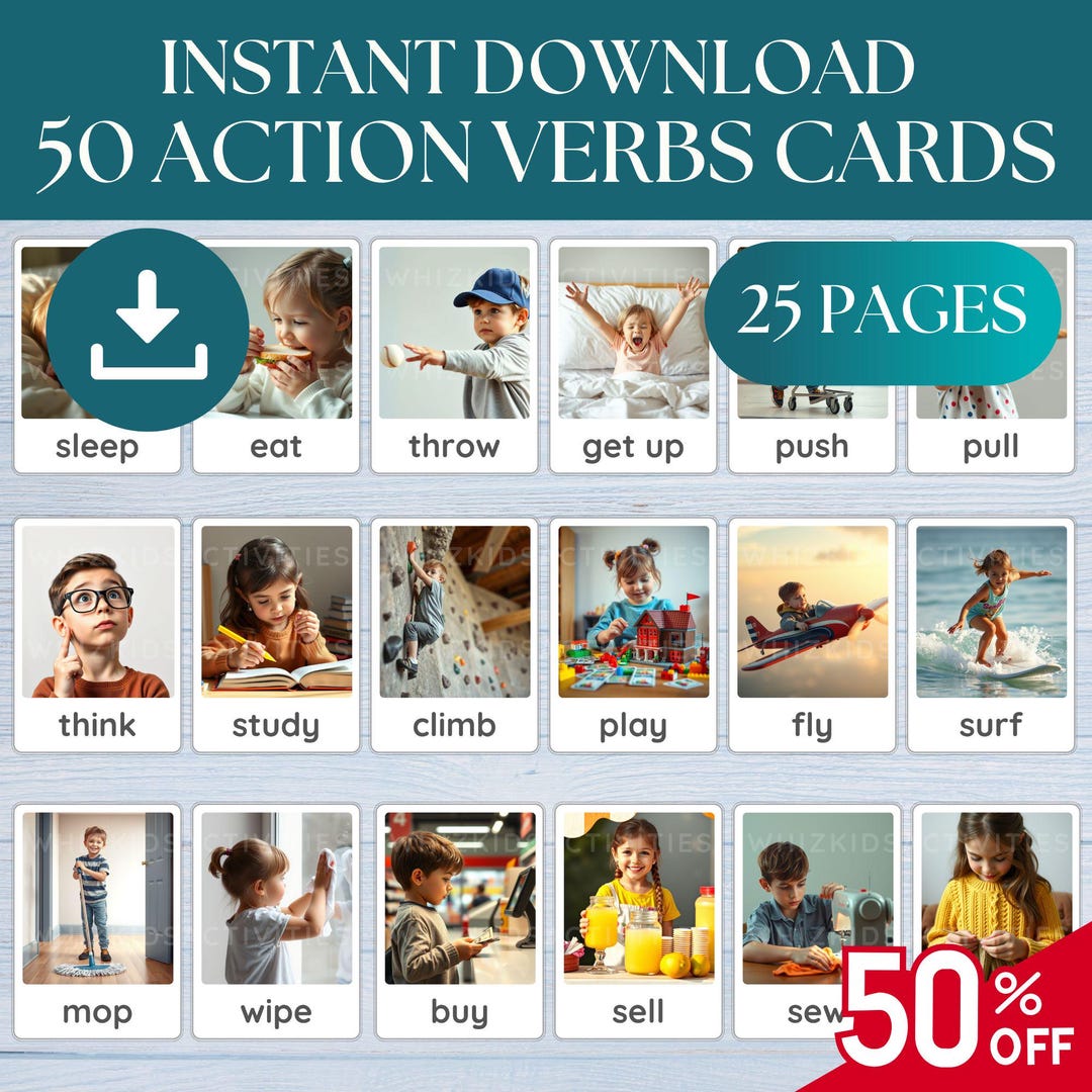 50 Action Verb Flashcards, ESL Printable, Kids Vocabulary Cards ...