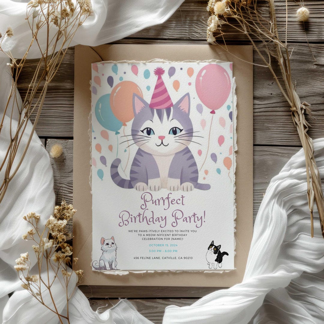 Cat Birthday Invite, Kitten Invitation, Kitty Cat Invitation, Cat ...