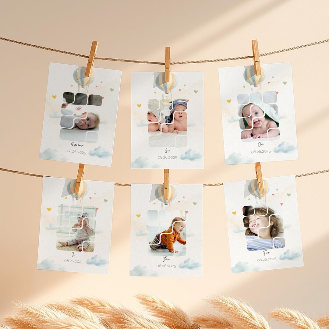 Hot Air Balloon Birthday Milestone Cards, Custom Monthly Baby Milestone ...