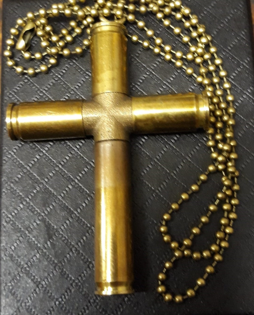 Bullet Casing Cross Necklace on Dog Tag Style Bead Chain Crusader ...