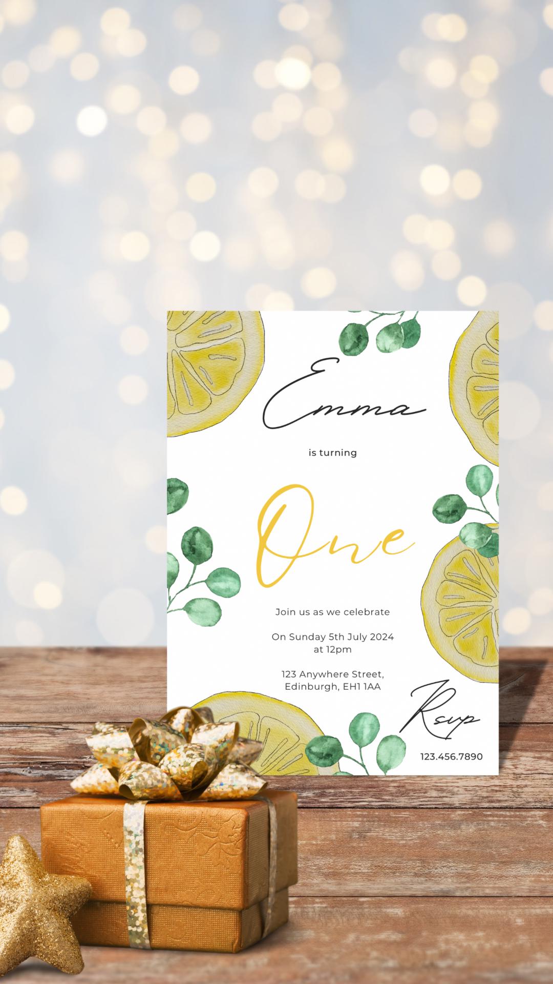 Editable Lemons Birthday Party Invitation, Lemons and Eucalyptus Design ...