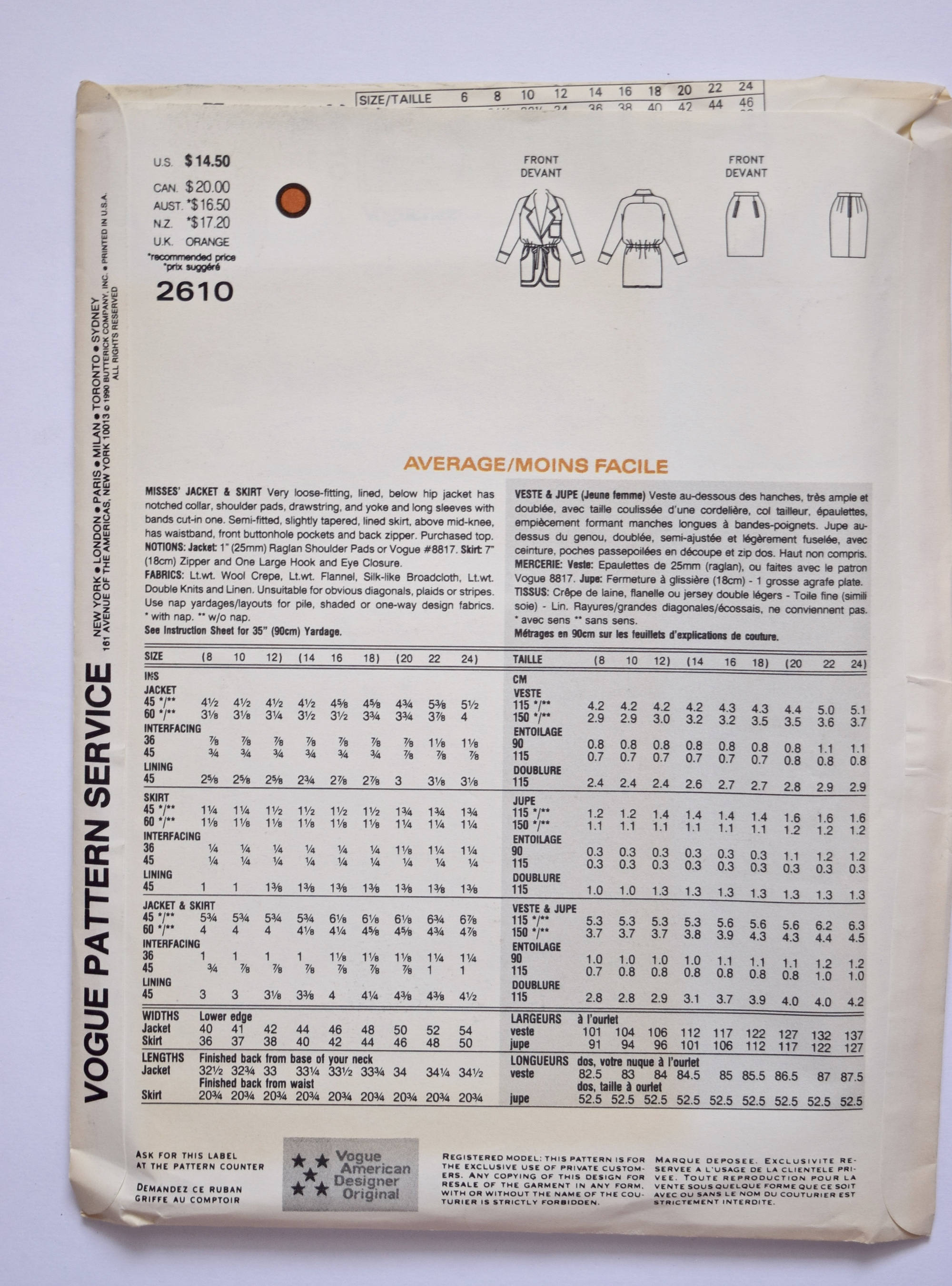 Vogue 2610 Sewing Pattern Carmelo Pomodoro 1990s Jacket Loose Fitting ...