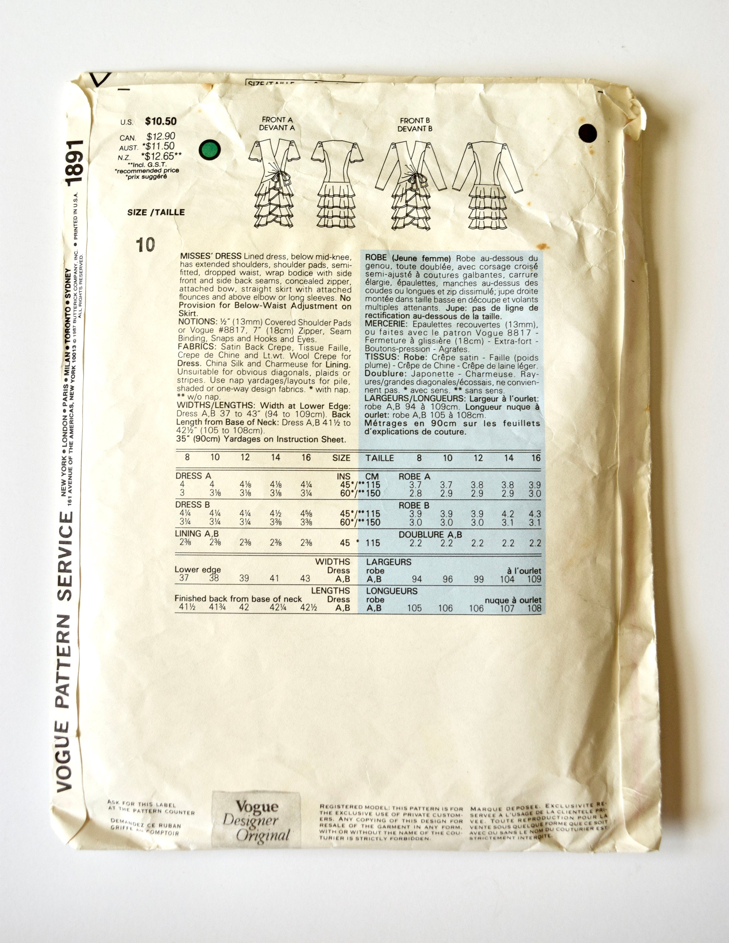 Bellville Sassoon Vogue 1891 Designer Original Sewing Pattern Vintage ...