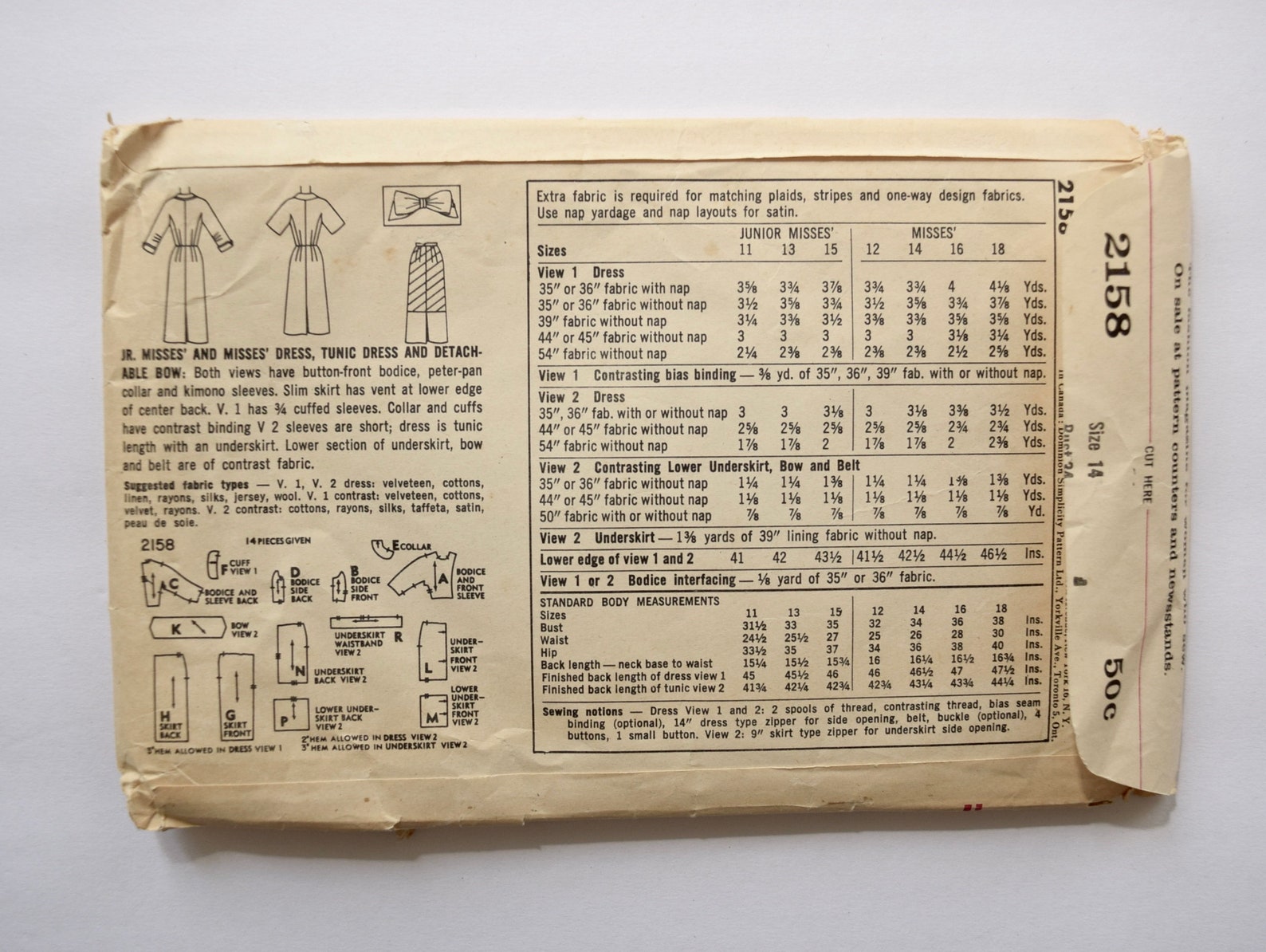 Simplicity 2158 Sewing Pattern 1950s Dress Slim Tunic Dress Detachable ...