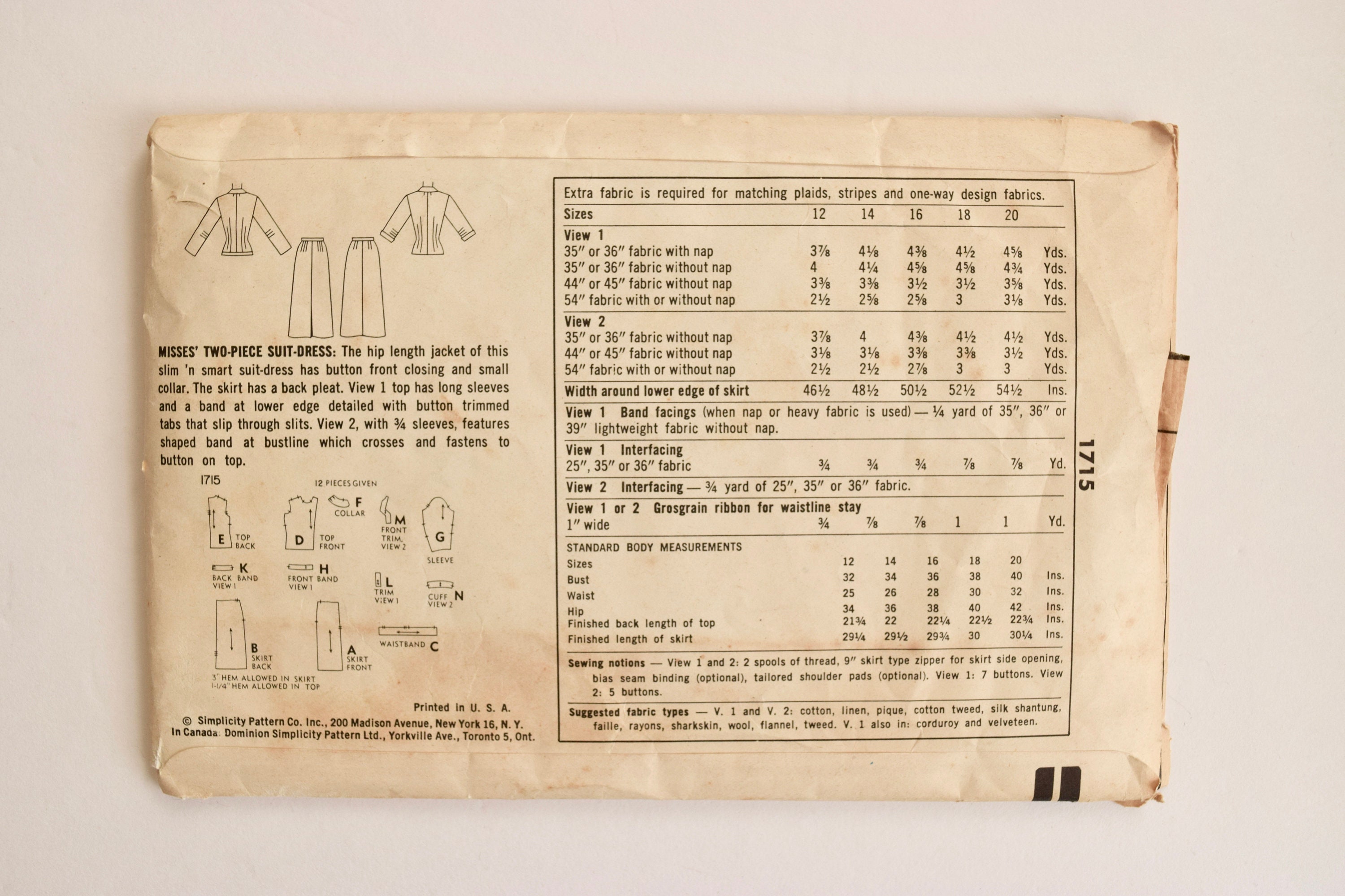 RARE Simplicity 1715 Sewing Pattern Vintage 1950s Two Piece Suit Dress ...