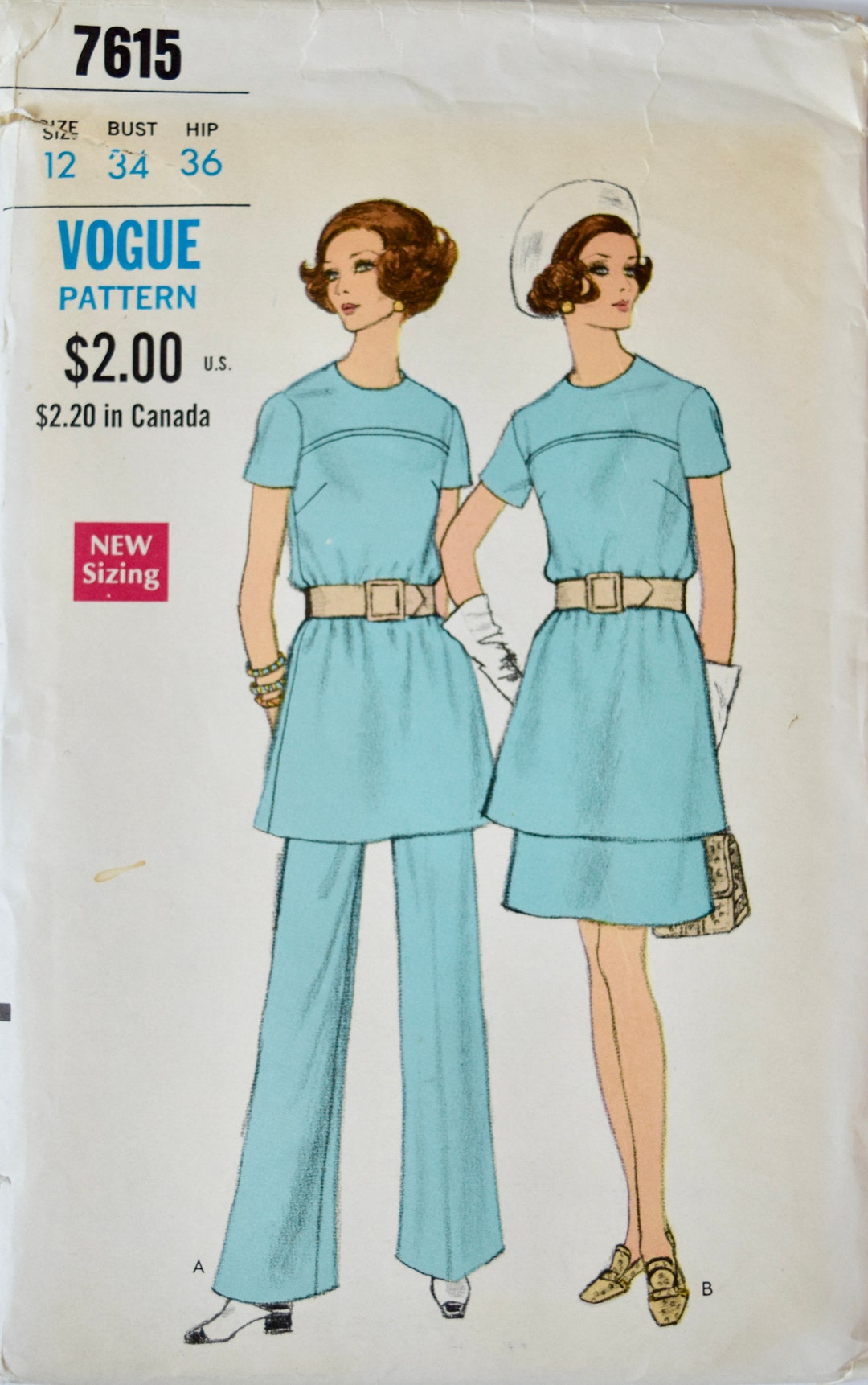 1960s Vogue 7615 Sewing Pattern: A-line Top, Skirt & Flared Pants, Size ...