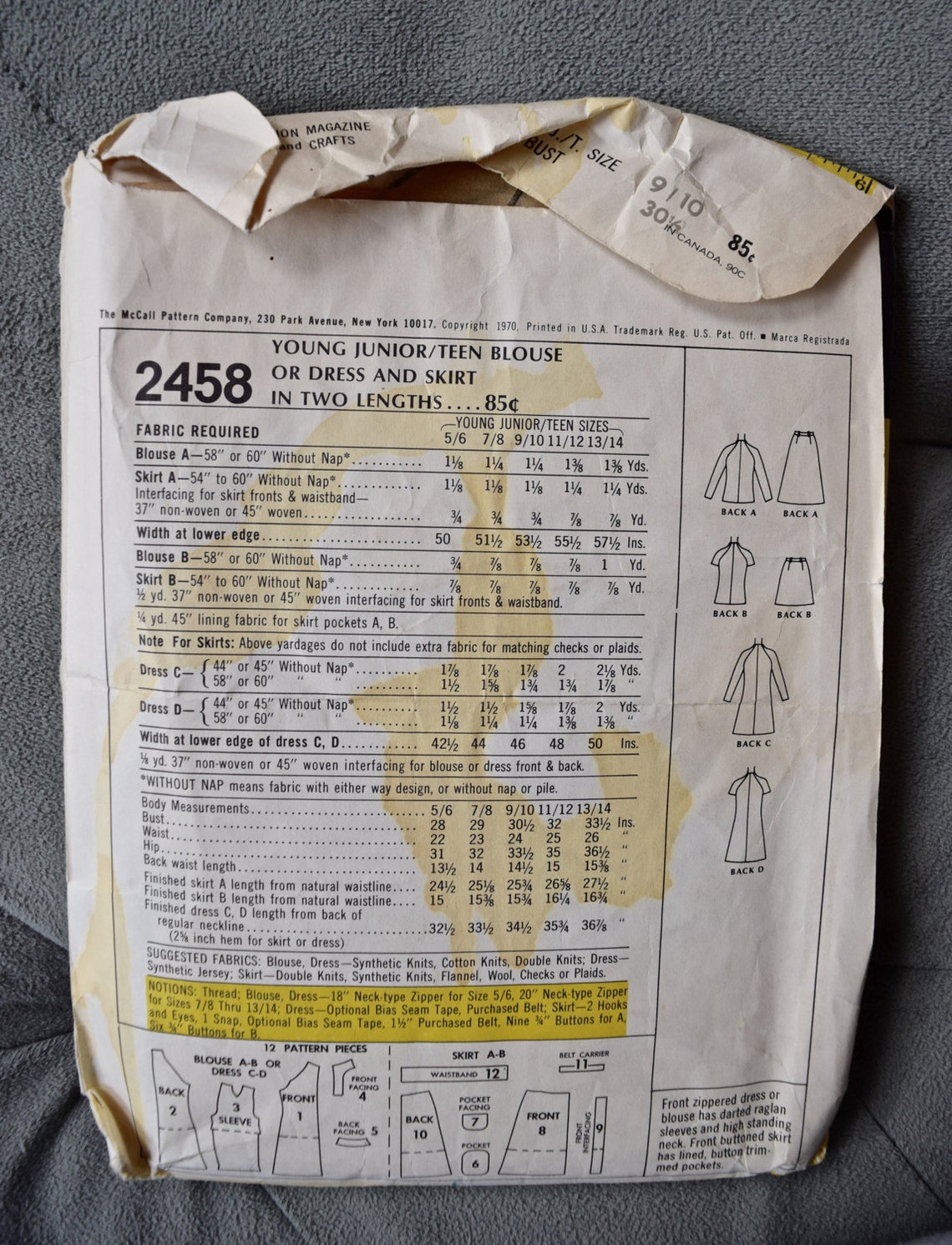 1970's Mccall's 2458 Vintage Sewing Pattern Raglan Blouse or Dress and ...