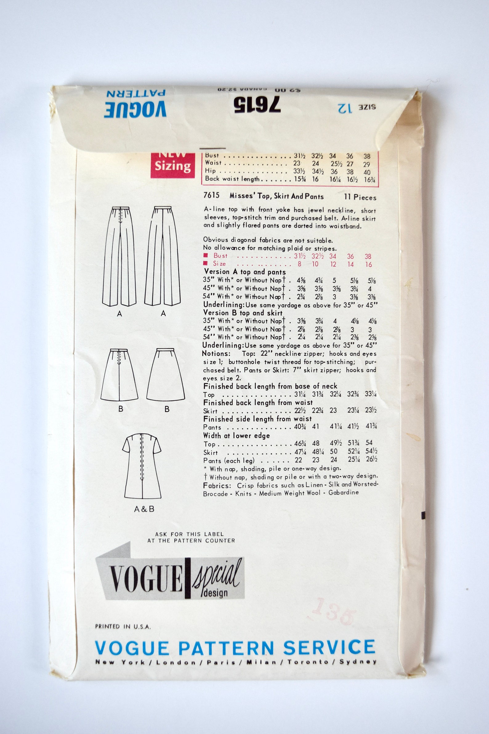 Vintage 1960's Vogue 7615 Sewing Pattern A-line Top Skirt High Waist ...