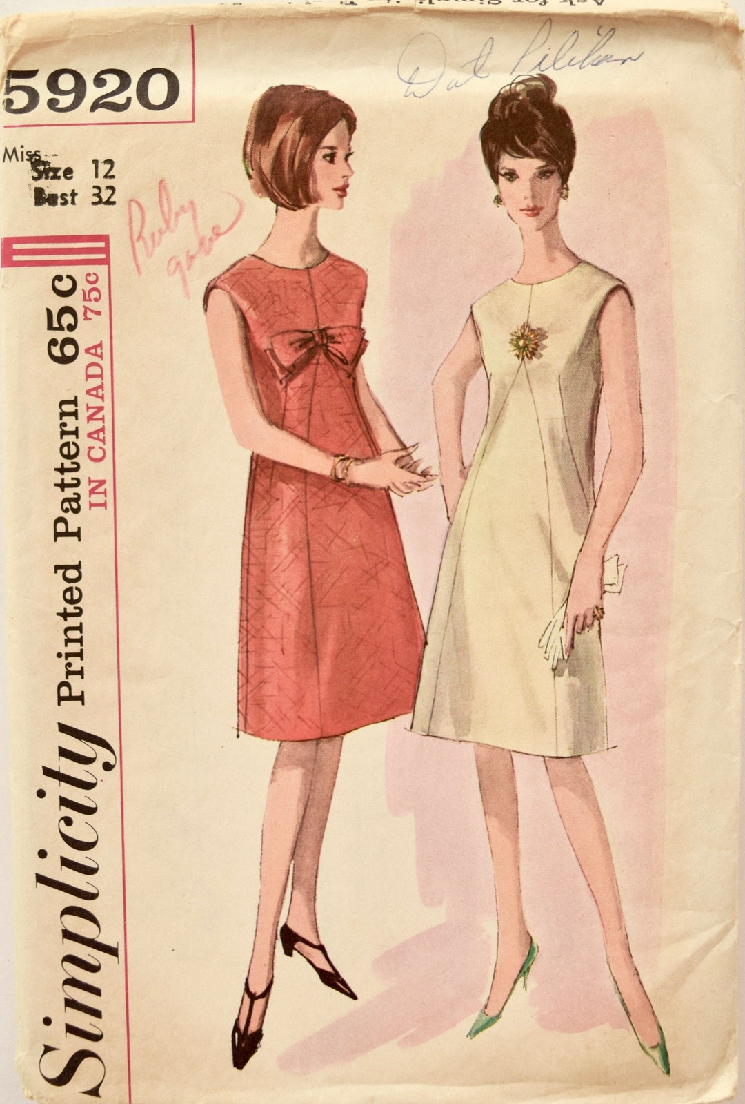 Simplicity 5920 Vintage 1960s Sewing Pattern Collarless and Sleeveless ...