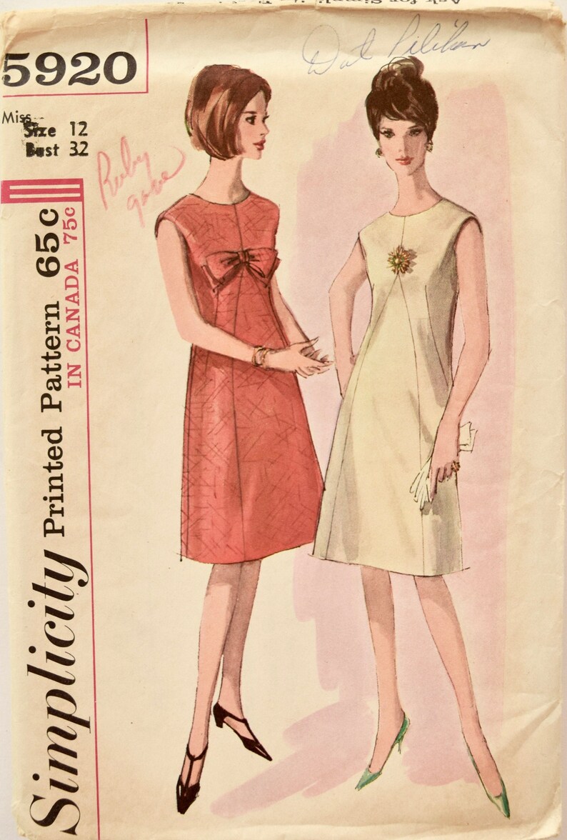 Simplicity 5920 Vintage 1960s Sewing Pattern Collarless and Sleeveless ...