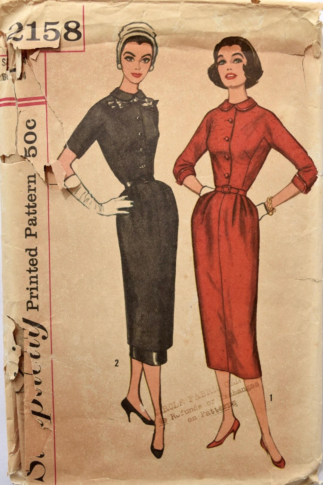 Simplicity 2158 Sewing Pattern 1950s Dress Slim Tunic Dress Detachable ...